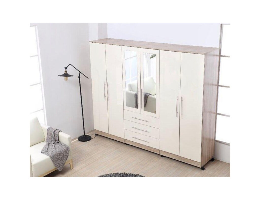 Gloss White 6 Door Wardrobe+Mirror & Drawers | Free UK Delivery